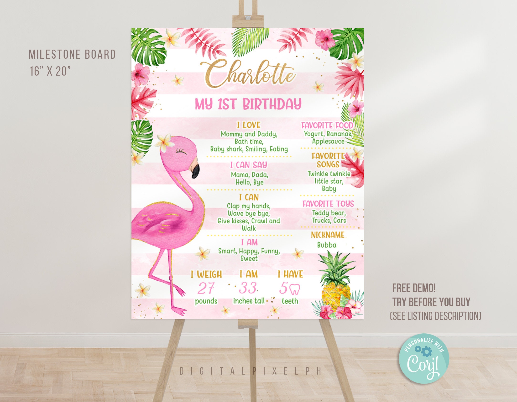 Editable Flamingo Birthday Milestone Poster Template, Flamingo Birthday ...