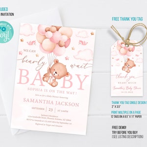 Editable Teddy Bear Baby Shower Invitation Template, Bear Balloons Baby ...