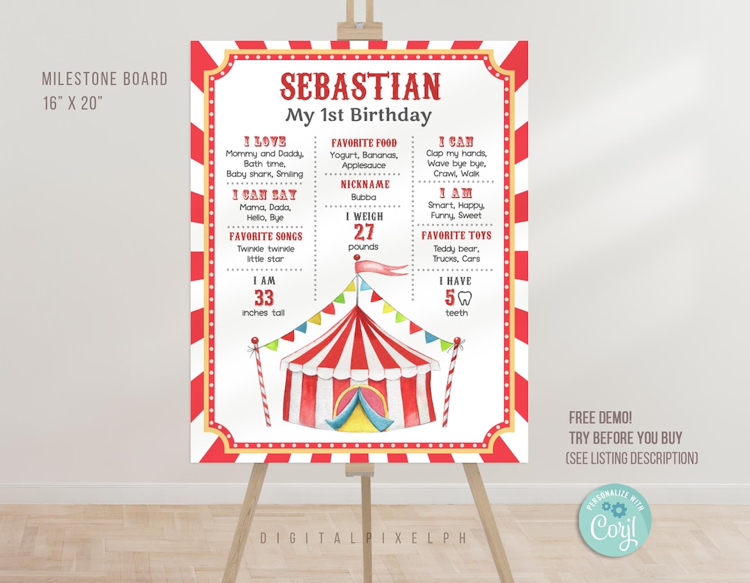 Editable Circus Birthday Milestone Poster Template, Circus Milestone ...