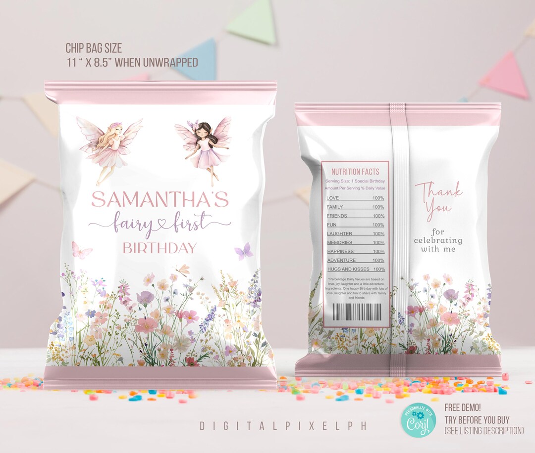 Editable Fairy Chip Bag Wrapper Labels, Fairy Bag Wrapper Labels, Fairy Chip Bag Wrapper Labels ...