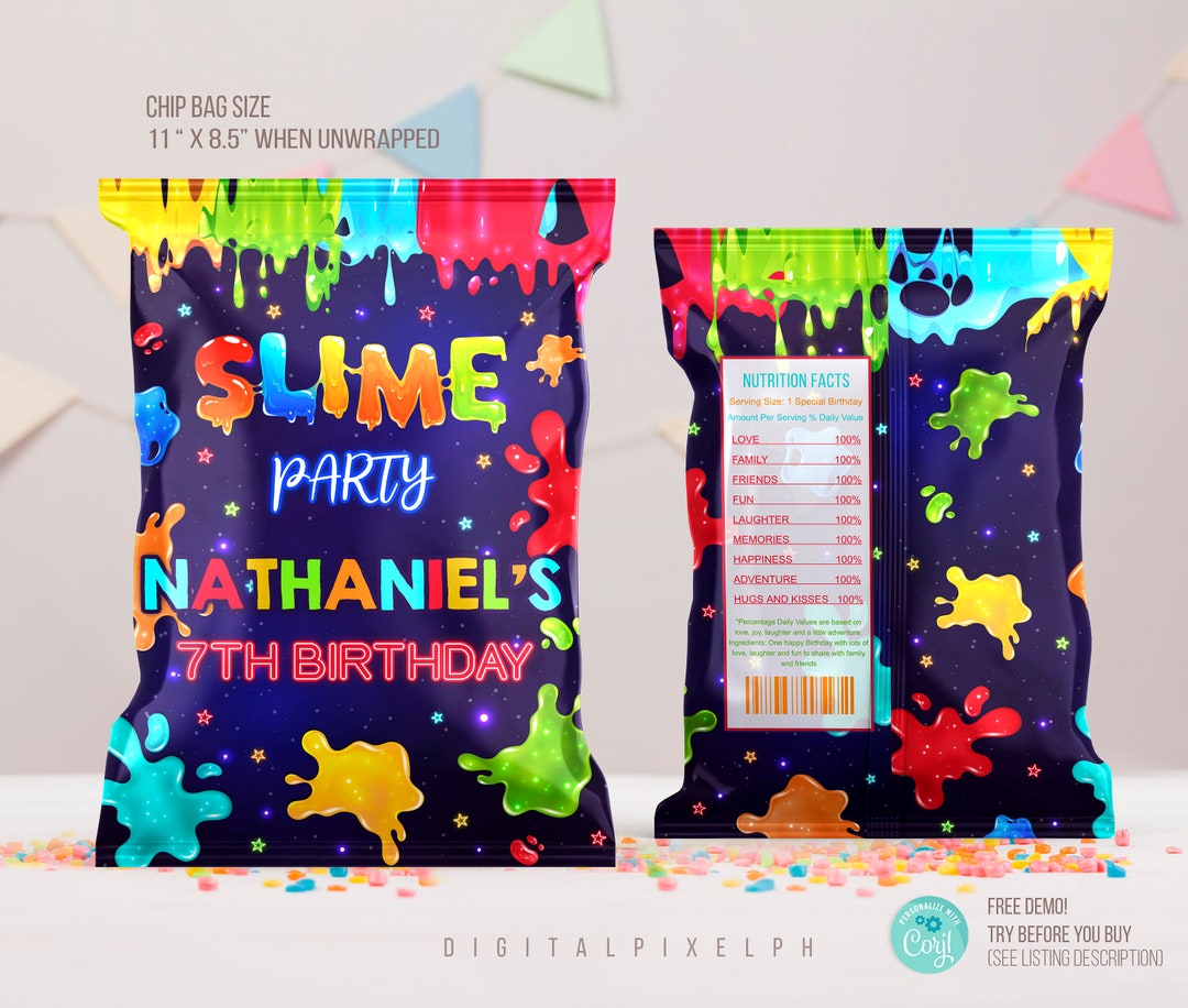 Editable Slime Party Birthday Chip Bag Wrapper Labels, Slime Party Bag ...