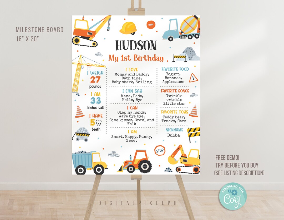Editable Construction Birthday Milestone Poster Template, Construction ...