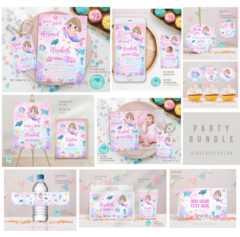 Editable Mermaid Birthday Invitation Bundle Template, Mermaid Welcome ...