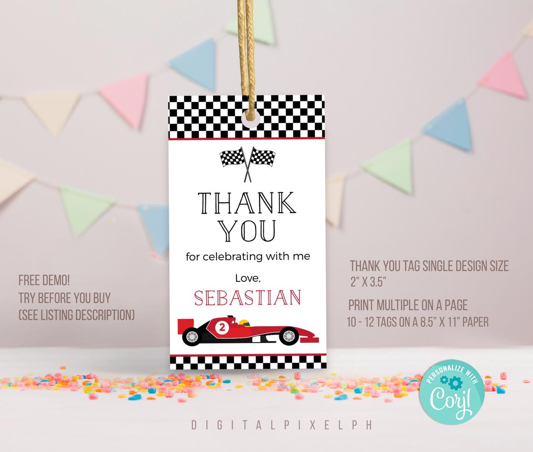 Editable Race Car Thank You Tags, Race Car Favor Tags, Racing Thank You Tags, Racing Favor Tags ...