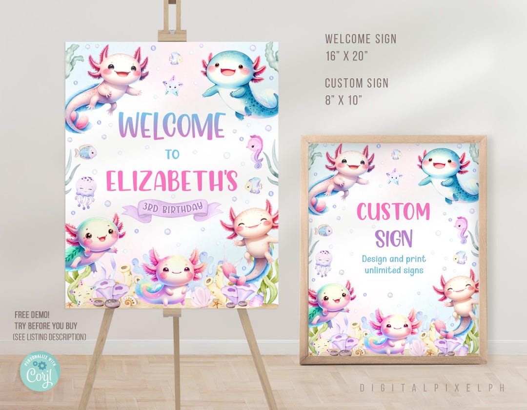Editable Axolotl Birthday Party Welcome Sign Template, Axolotl Birthday ...