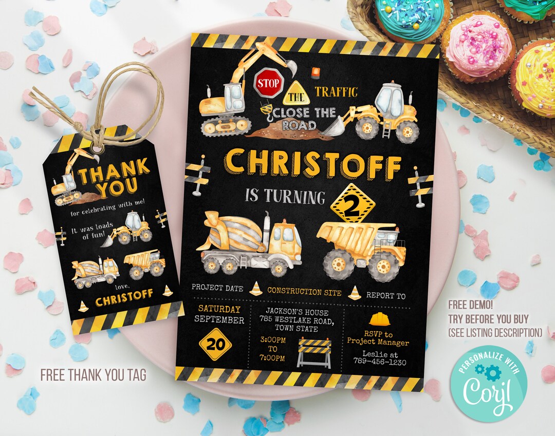 Editable Construction Birthday Invitation Template, Construction ...