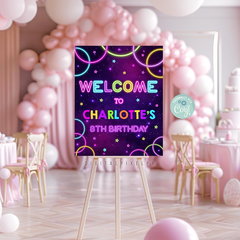 Glow Party Welcome Sign Template, Neon Birthday Custom Sign (digital ...