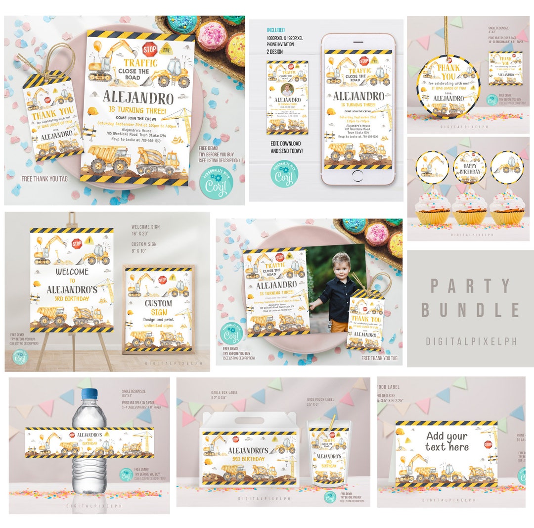 Editable Construction Birthday Invitation Bundle Template, Construction ...