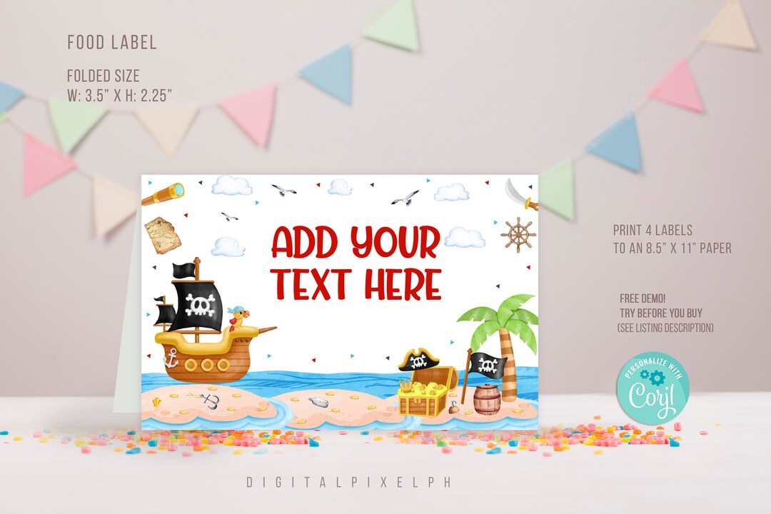Editable Pirate Food Label, Pirate Birthday Party Food Tent Cards ...