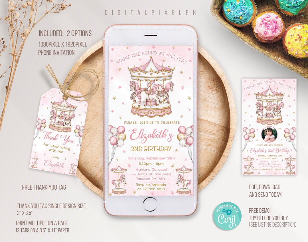 Editable Carousel Phone Birthday Invitation Template, Carousel ...