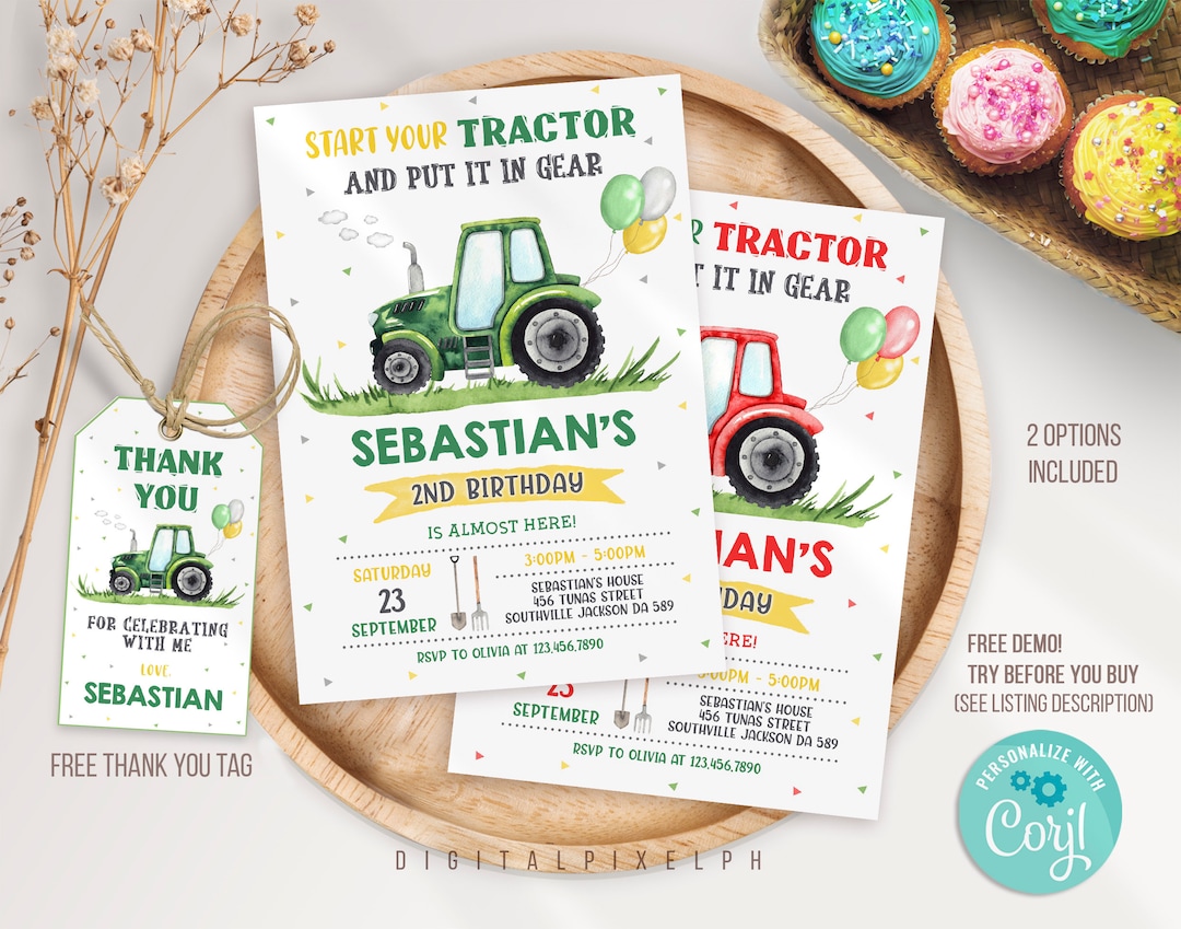Editable Tractor Invitation, Green Tractor Birthday Invitation, Green ...