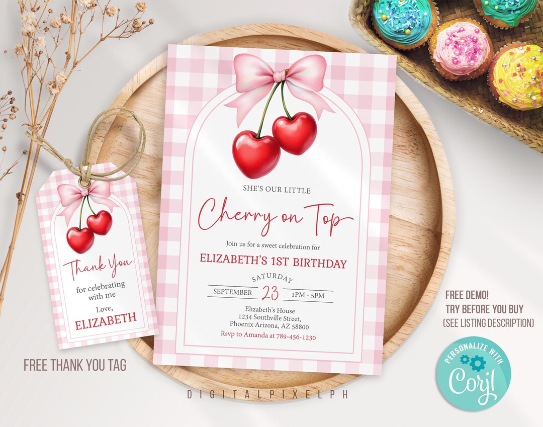 Cherry Birthday Invitation, Cherry Birthday Invitation Template, Cherry ...