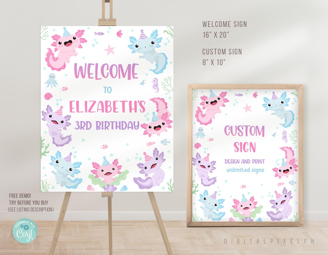 Editable Axolotl Birthday Welcome Sign Template (digital Download ...