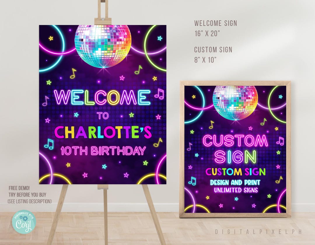 Editable Disco Welcome Sign Template, Disco Custom Sign Template, Glow ...