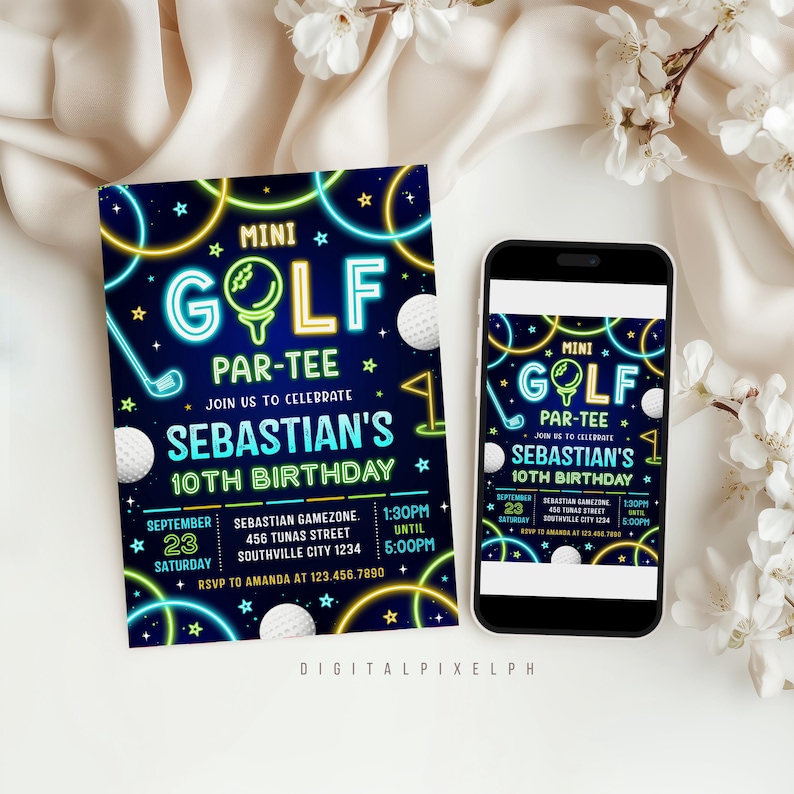 Neon Golf Birthday Invitation, Mini Golf Par-tee (digital Download) - Etsy