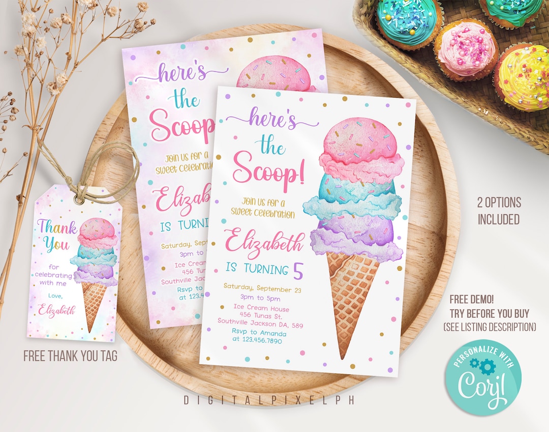 Editable Ice Cream Birthday Invitation, Ice Cream Invitation, Ice Cream ...