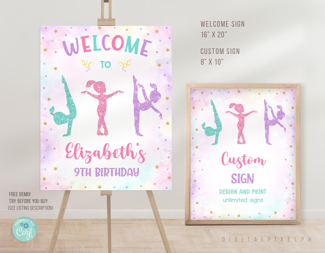 Editable Gymnastics Birthday Welcome Sign Template Gymnastics Birthday ...