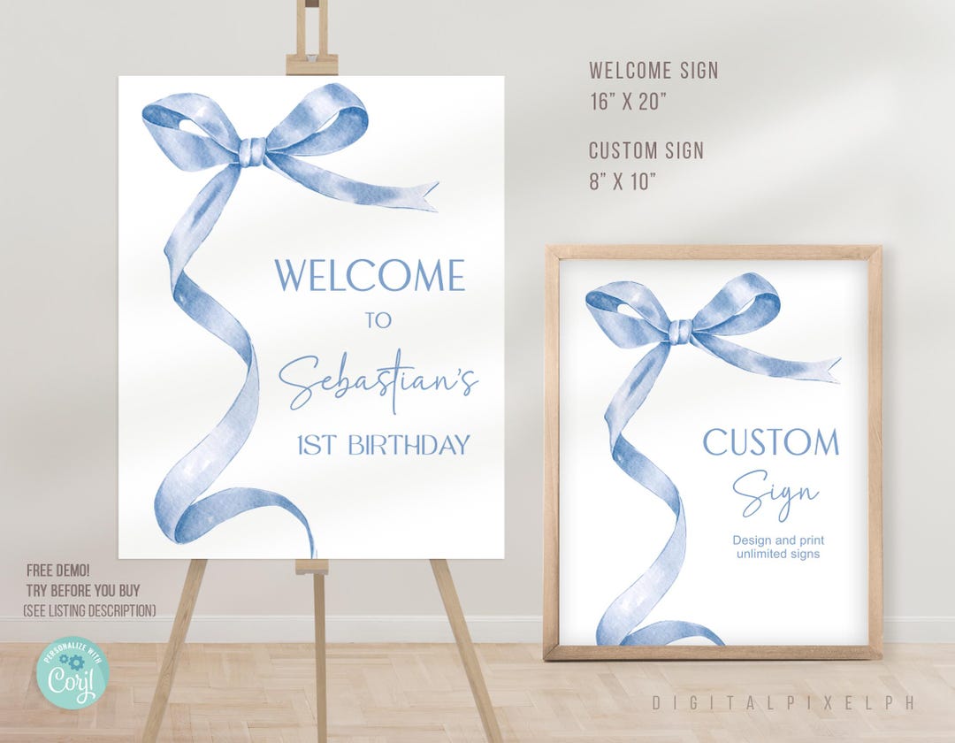 Editable Coquette Blue Bow Welcome Sign Template, Coquette Blue Bow ...