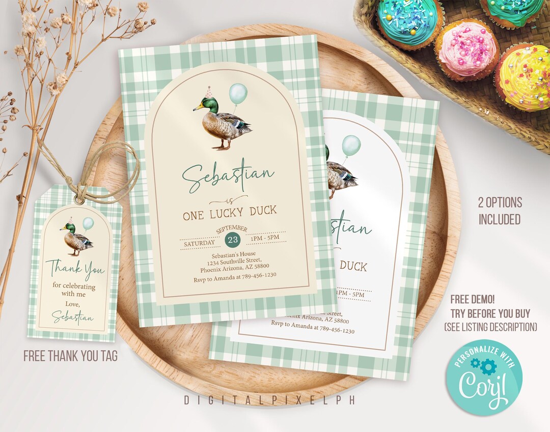 Editable Mallard Duck Birthday Invitation Template, One Lucky Duck ...