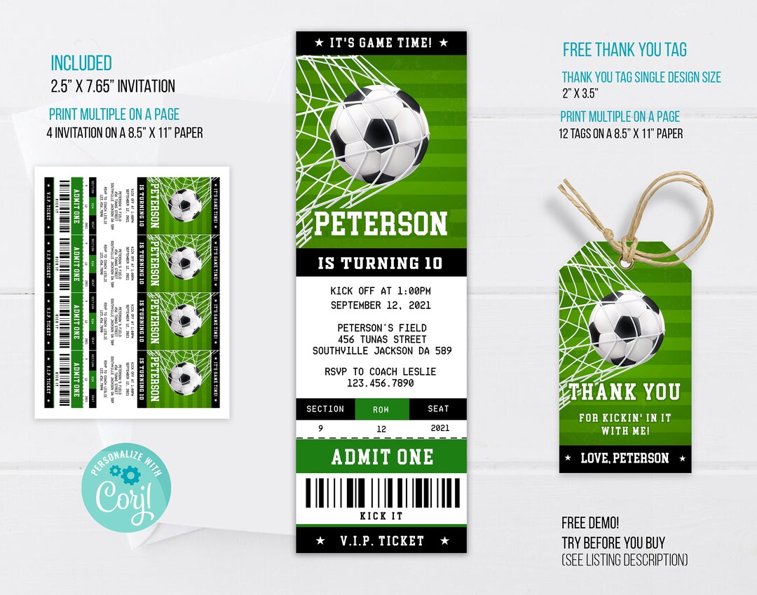 Editable Soccer Ticket Birthday Invitation Template, Soccer Invitation ...