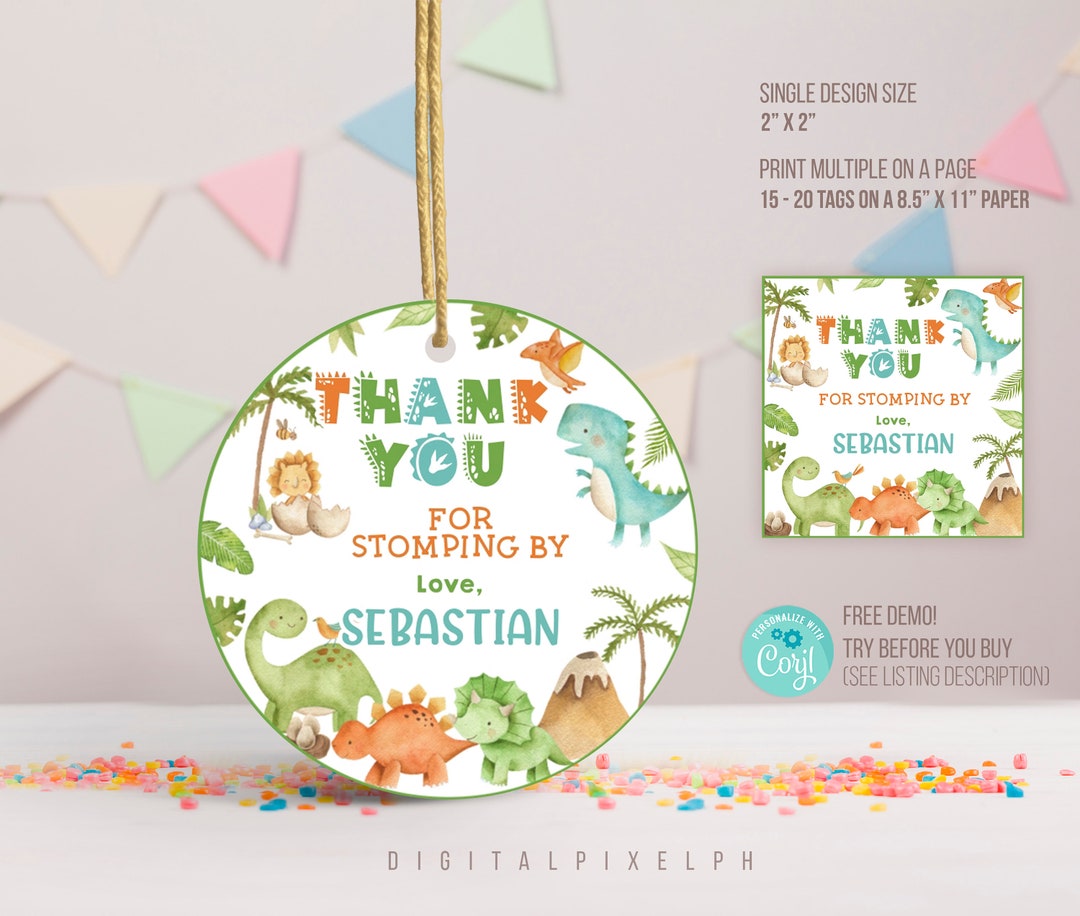 Editable Dinosaur Round Thank You Tags, Dinosaur Sticker, Dinosaur ...