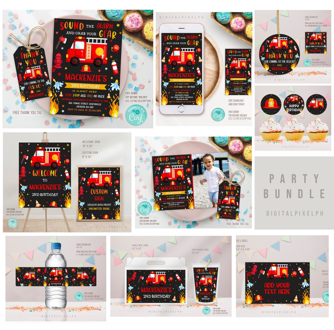 Editable Fire Truck Birthday Invitation Bundle Template, Fire Truck ...