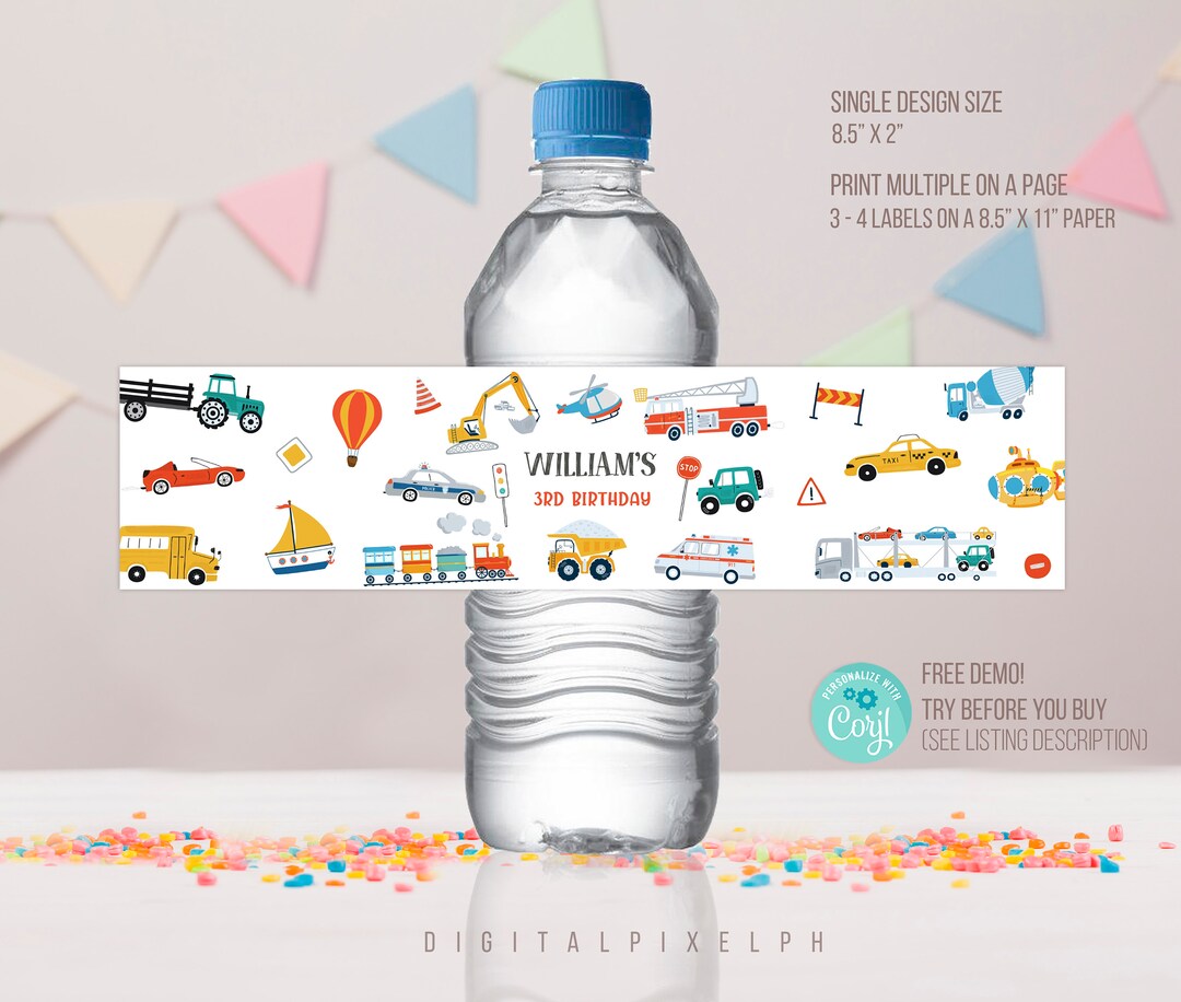 Editable Transportation Vehicle Water Bottle Label, Transportation ...