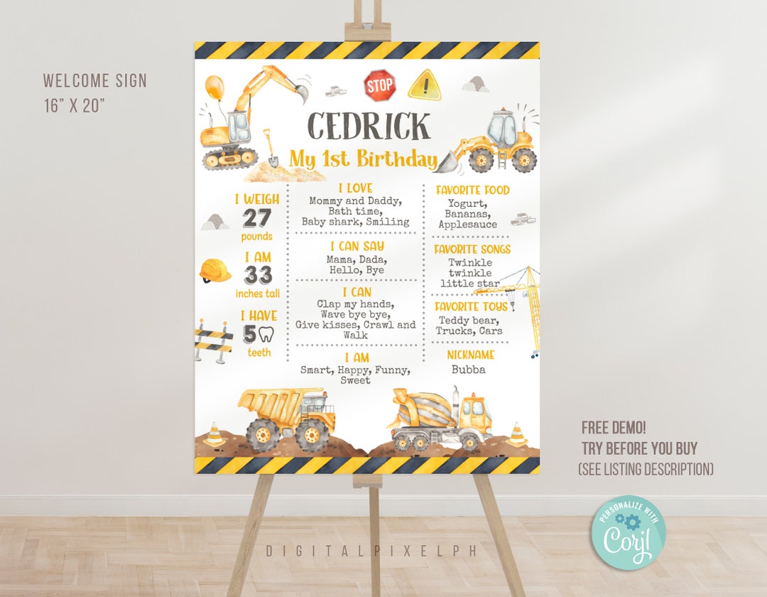 Editable Construction Birthday Milestone Poster Template, Construction ...