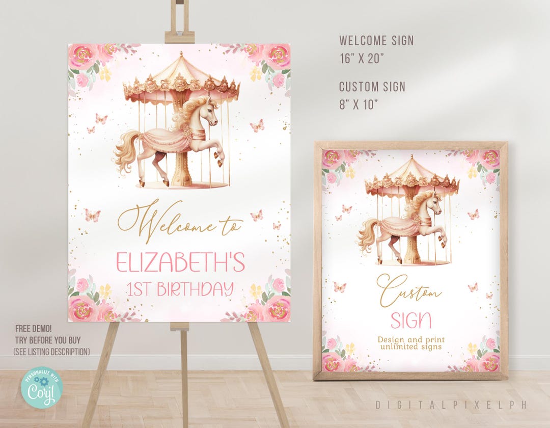 Editable Carousel Birthday Welcome Sign Template, Carousel Custom Sign ...