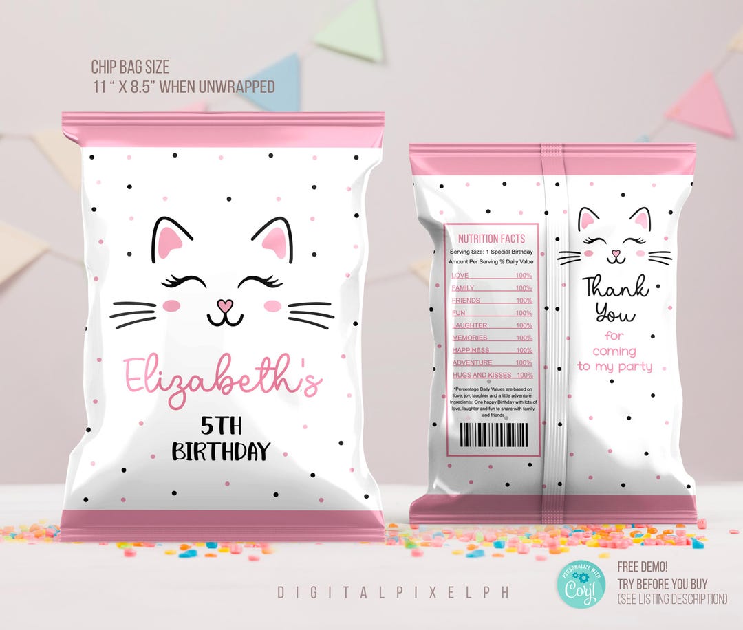 Editable Cat Chip Bag Wrapper Labels, Cat Bag Wrapper Labels, Cat Face ...