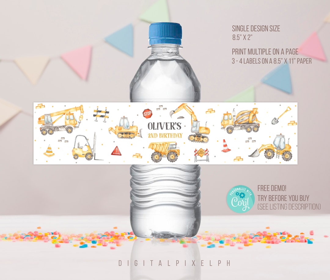 Editable Construction Water Bottle Label, Construction Label ...