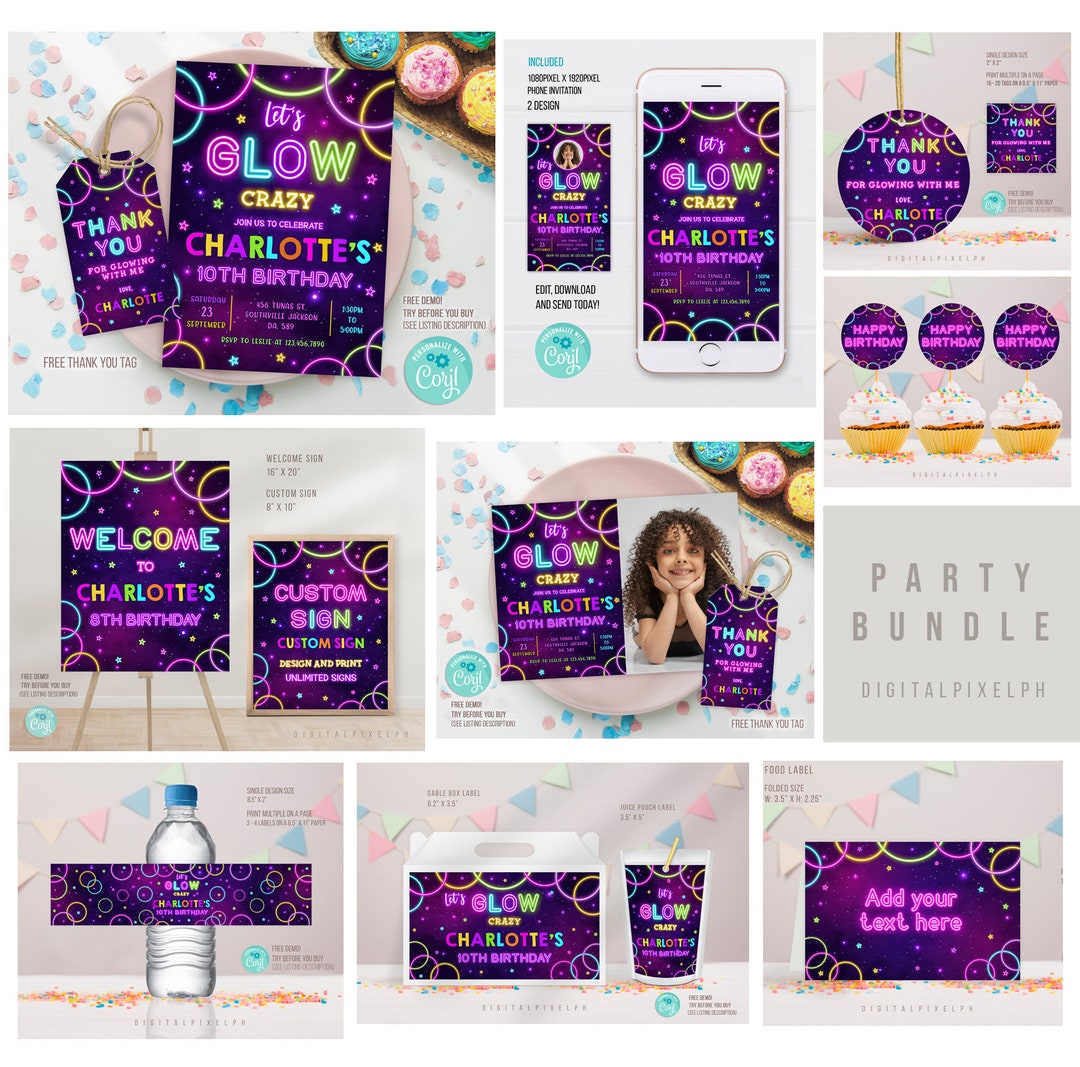 Editable Glow Party Birthday Invitation Bundle Template, Glow Party ...
