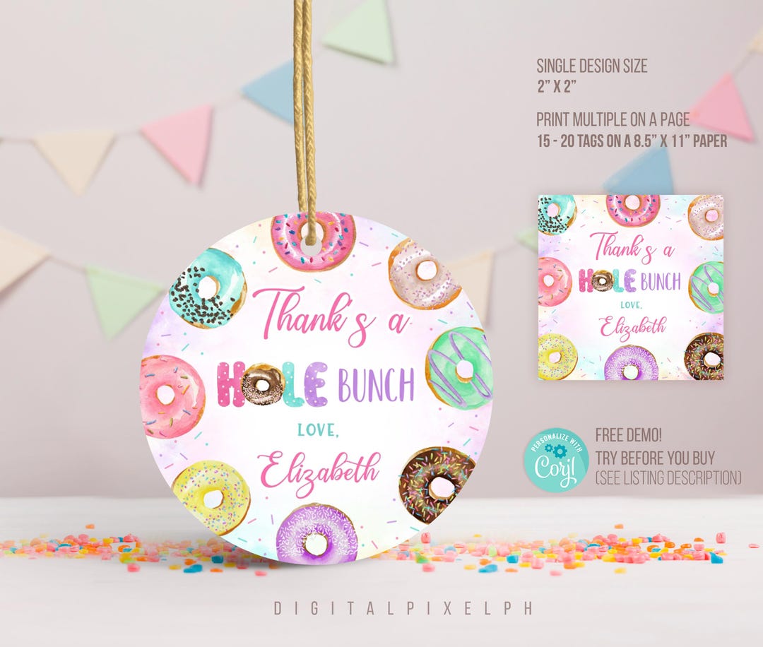 Editable Donut Round Thank You Tags, Donut Sticker, Donut Square Thank ...