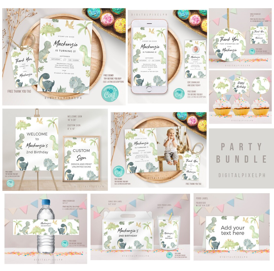 Editable Dinosaur Birthday Invitation Bundle Template, Dinosaur Welcome ...