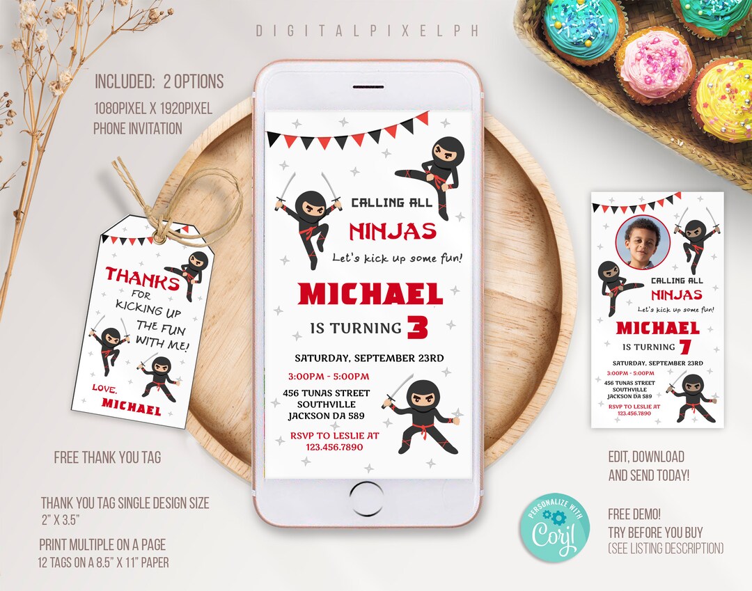 Editable Ninja Electronic Invitation Template, Ninja Birthday Phone ...