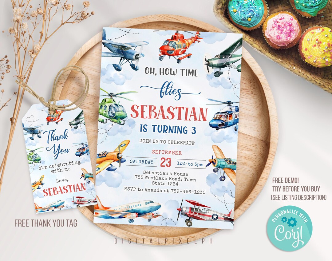 Editable Airplane Birthday Invitation Template, Airplane Invitation ...