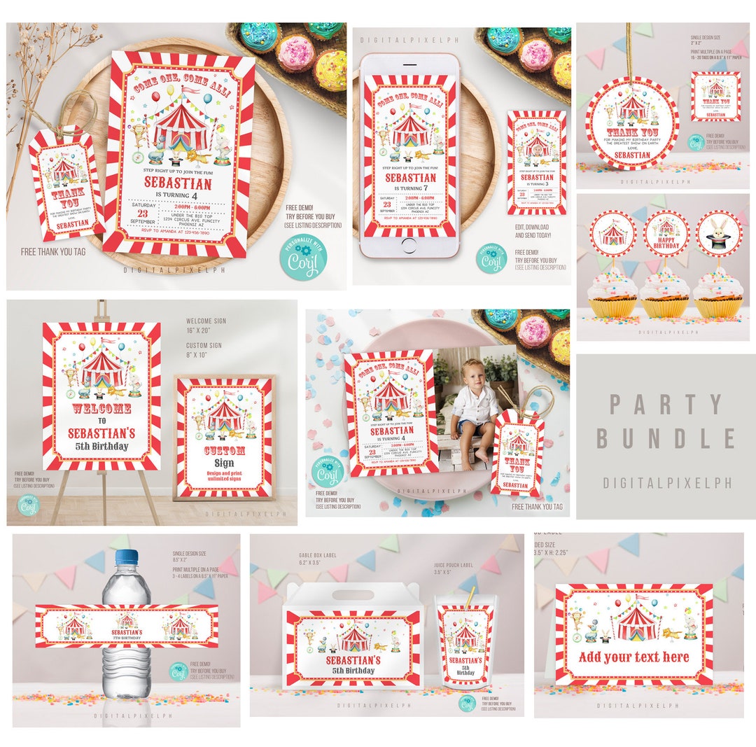 Editable Circus Birthday Invitation Bundle Template, Circus Welcome ...