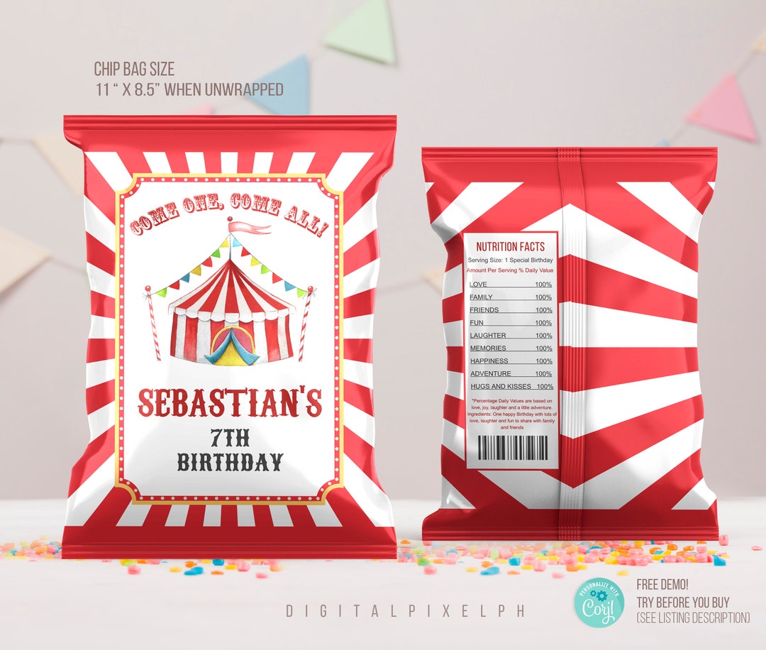Editable Circus Chip Bag Wrapper Labels, Carnival Chip Bag Wrapper ...