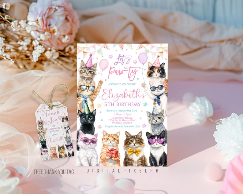 Cat Birthday Party Invitation, Kitten Theme (editable Template) - Etsy