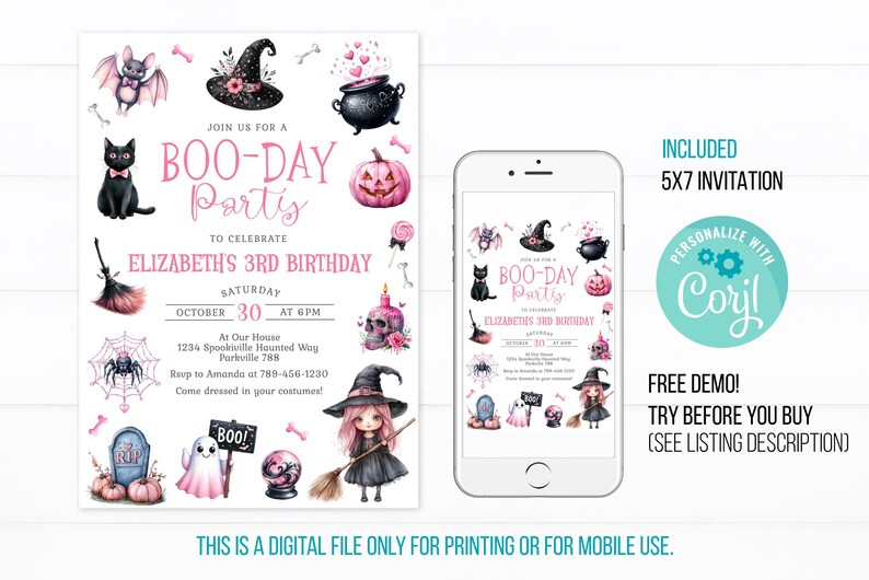 Editable Halloween Birthday Party Invitation, Thank You Tags (digital ...