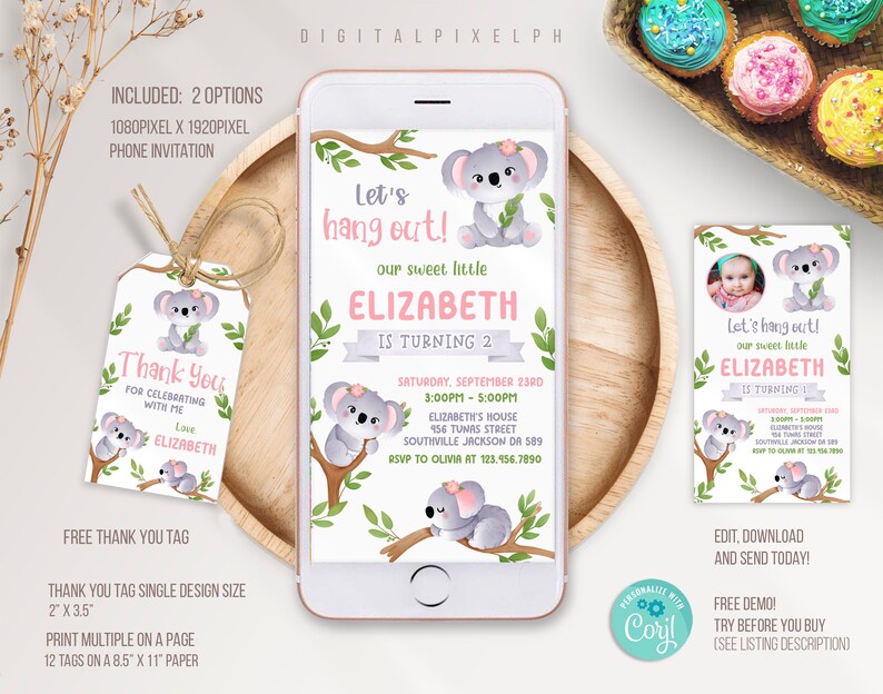 Editable Koala Electronic Invitation Template, Koala Birthday Phone ...