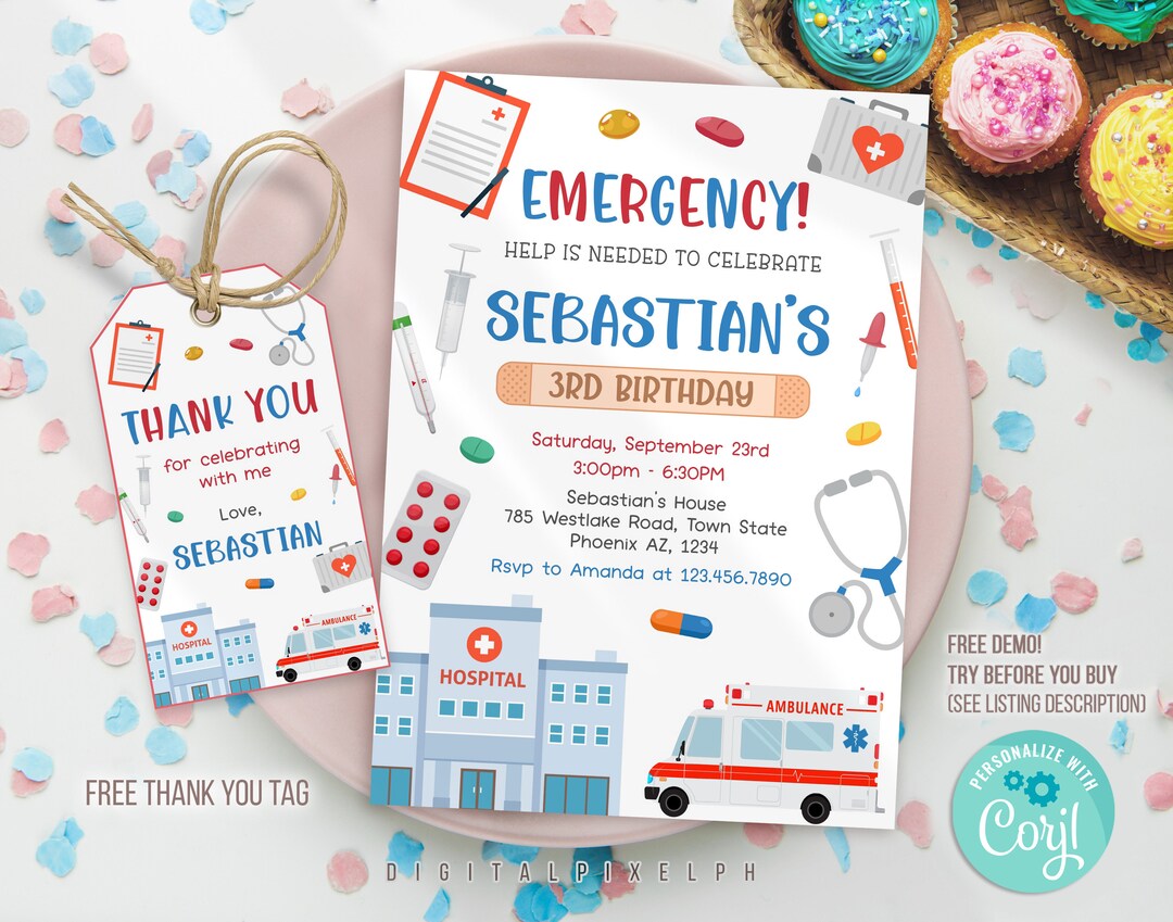 Editable Kids Doctor Birthday Invitation, First Responders Birthday ...