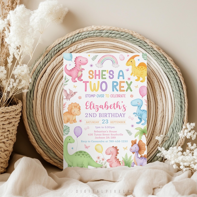 Girls Dinosaur Birthday Invitation Template, She's A Two Rex Birthday ...