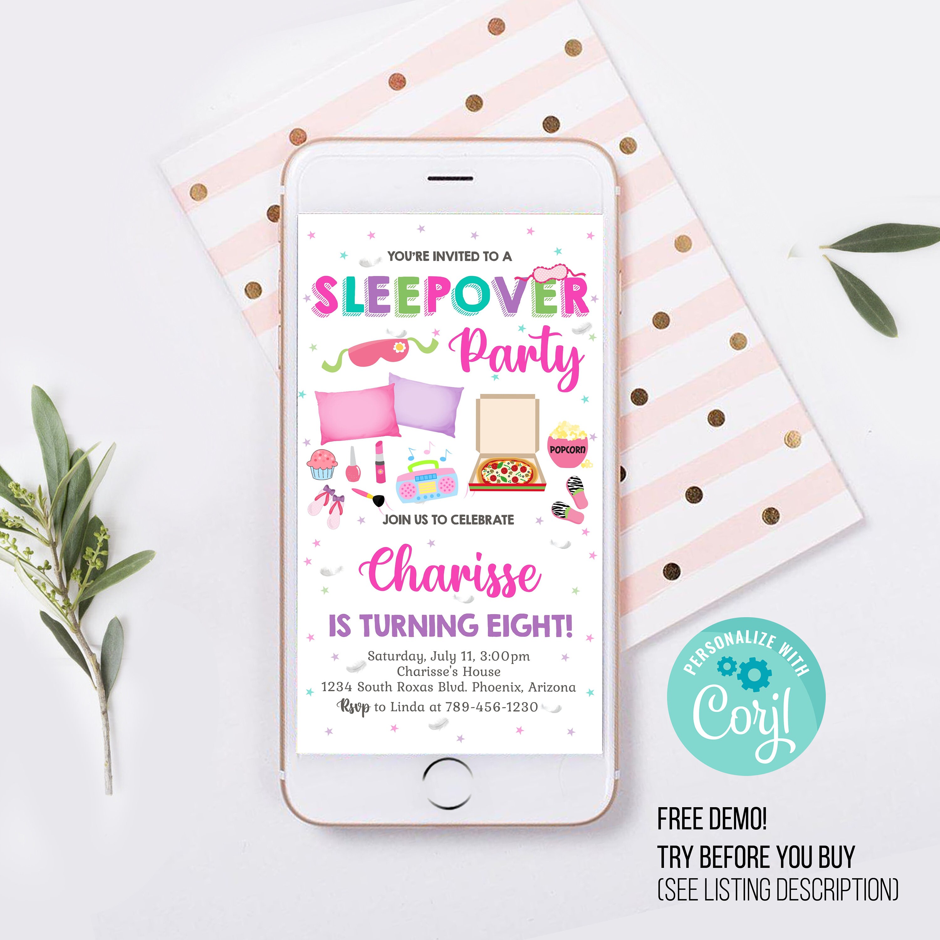 Sleepover Electronic Invitation Template Slumber Party Phone - Etsy