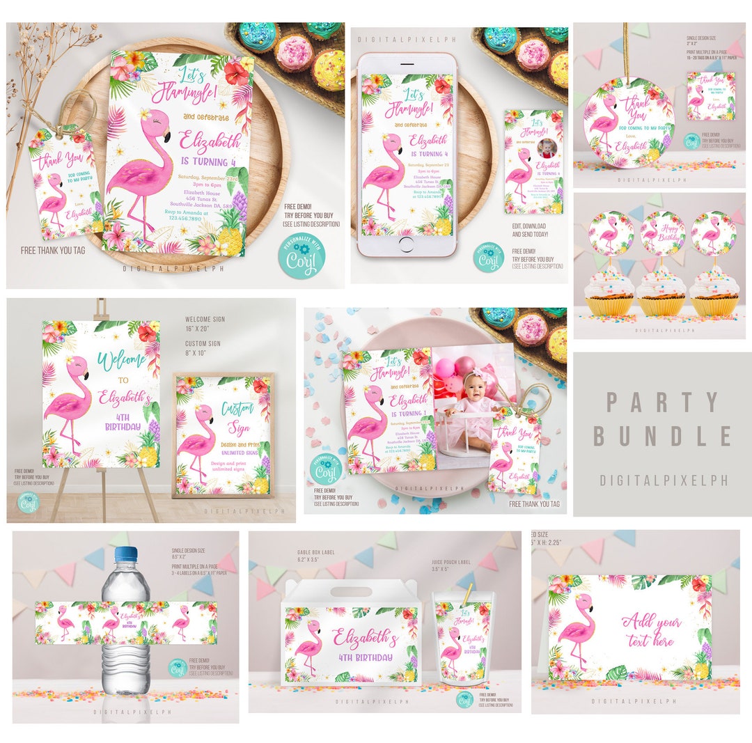 Flamingo Birthday Invitation Bundle Template, Flamingo Welcome Custom ...