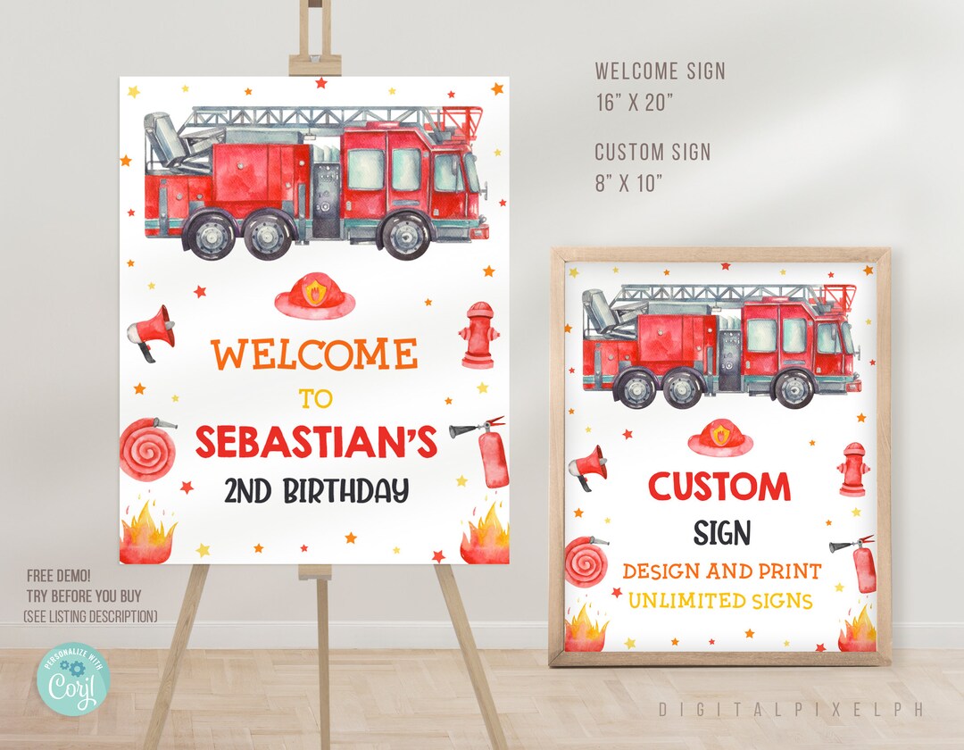 Editable Fire Truck Welcome Sign Template, Fire Truck Birthday Custom ...