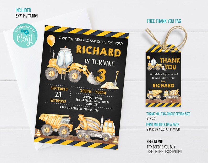 Editable Construction Birthday Party Invitation Template - Etsy