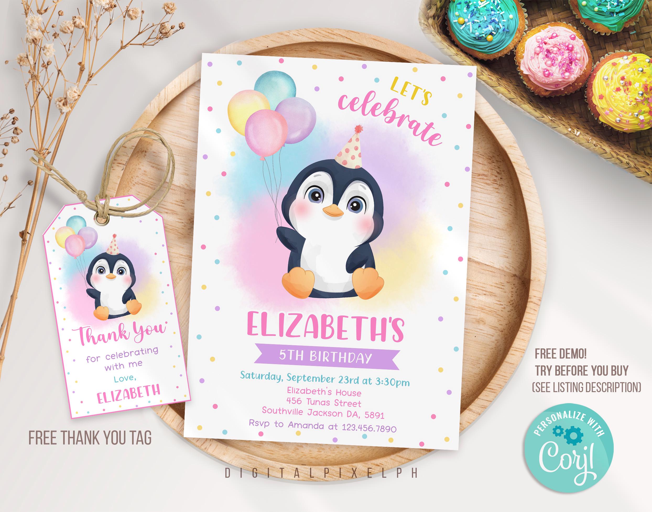 Editable Penguin Birthday Invitation Template, Winter Party Invitation ...
