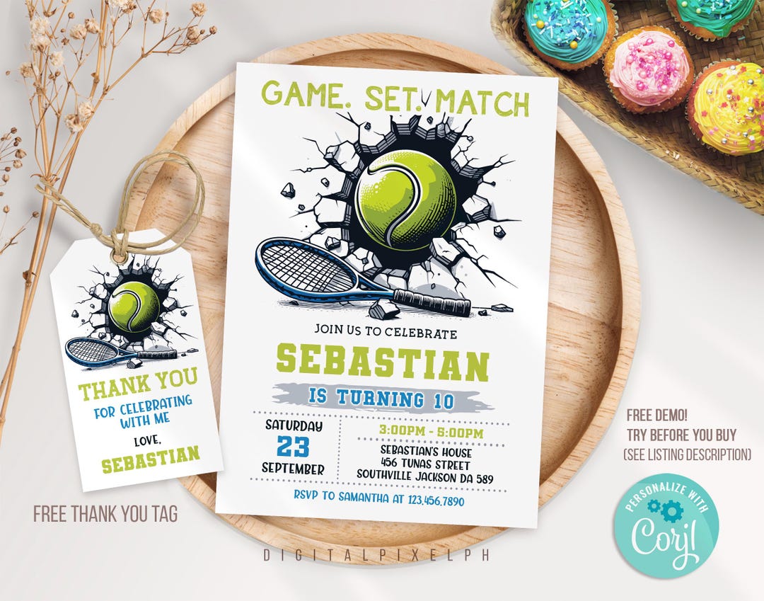 Editable Tennis Birthday Invitation Template, Summer Sports Invitation ...