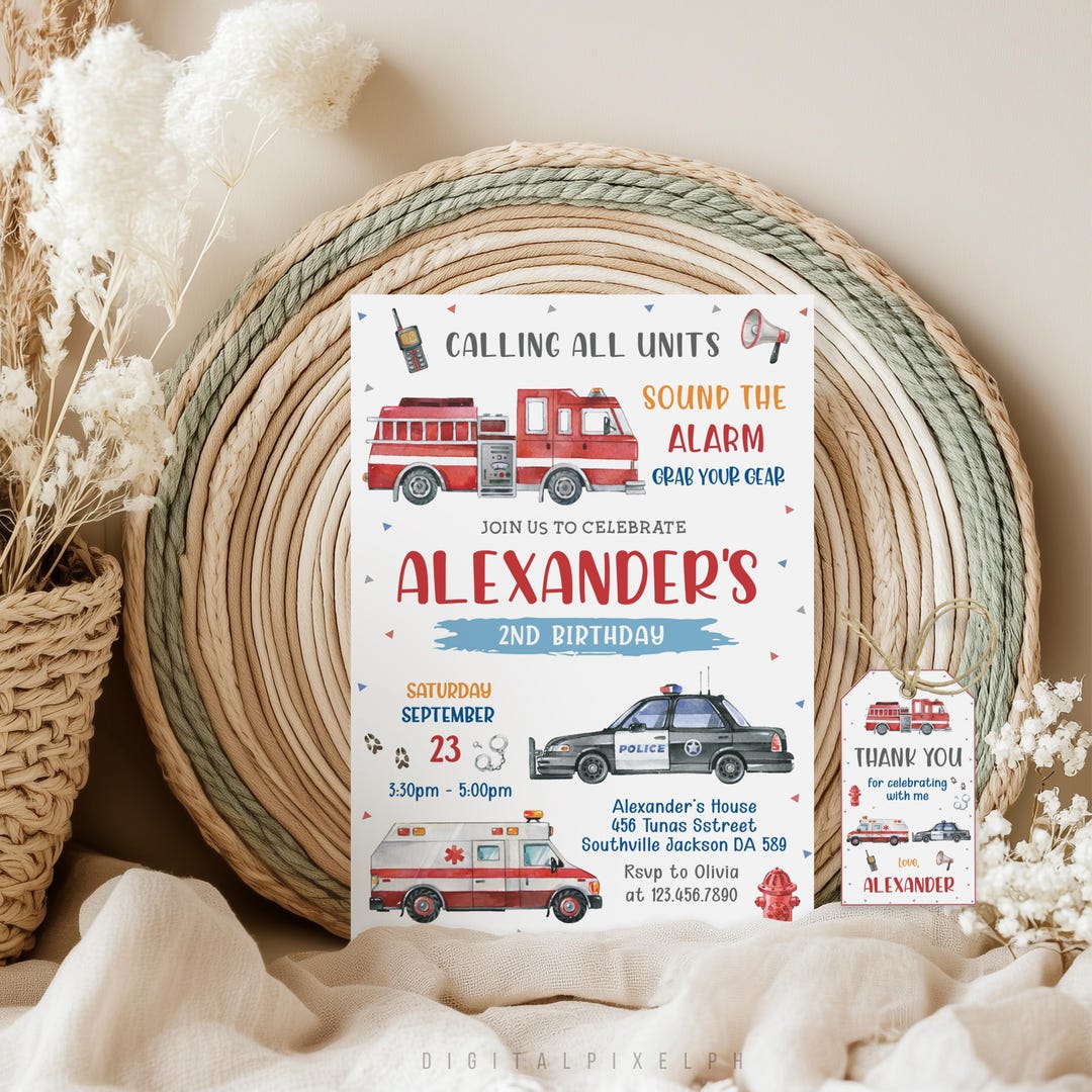 Emergency Vehicles Birthday Invitation, Fire Truck, Police, Ambulance ...